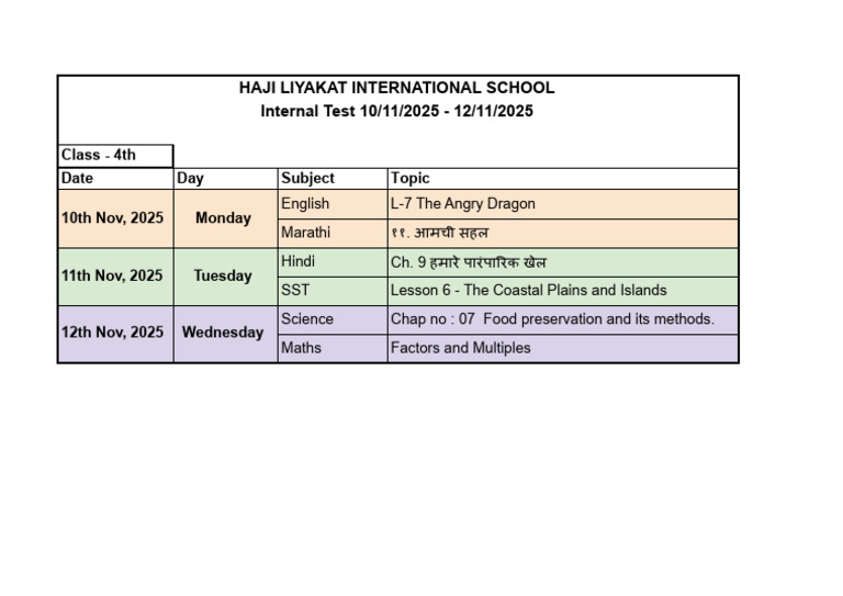Grade 4 Internal Test - Timetable - 10th Nov To 12 Nov 2025 | PDF