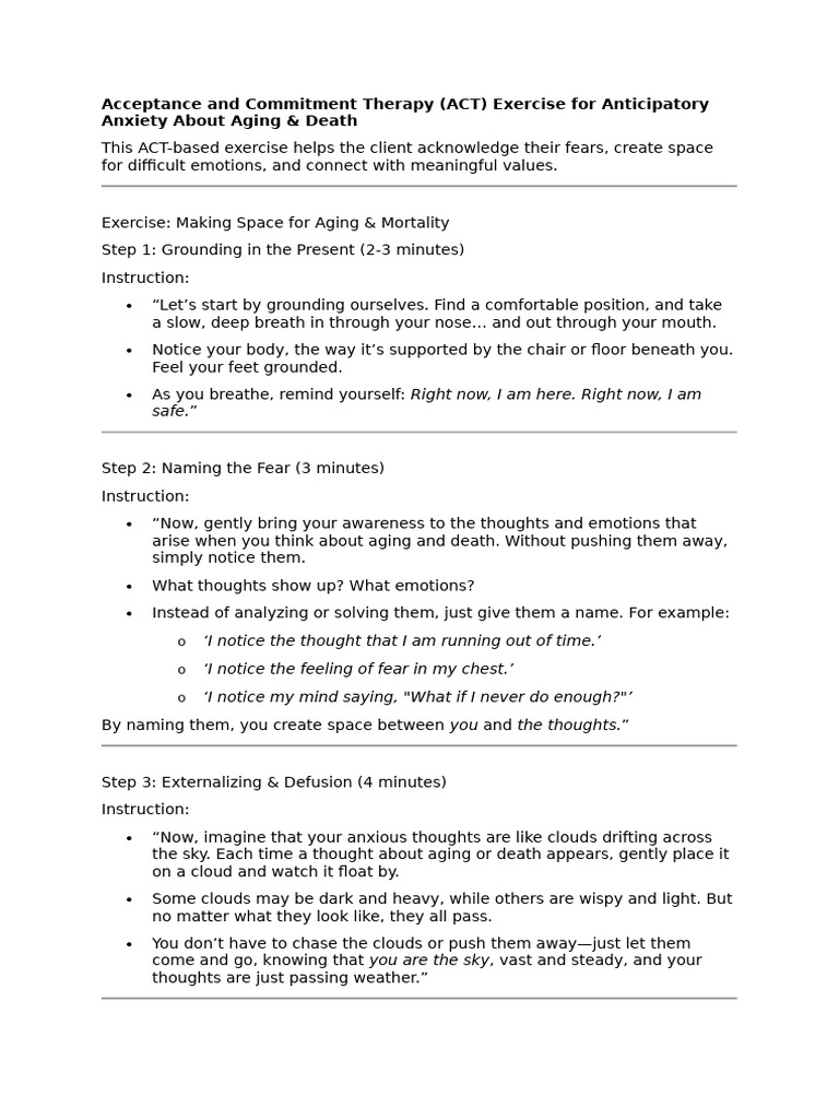 ACT Exercise for Aging & Death Anxiety | PDF | Thought | Anxiety