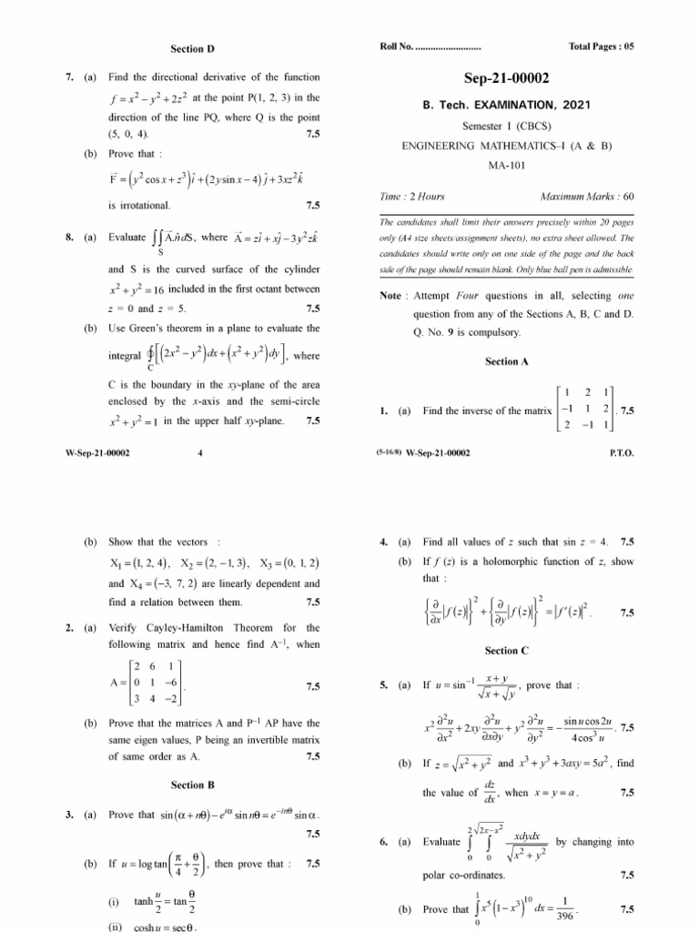 Btech 1 Sem Engineering Mathematics 00002 Sep 2021 | PDF