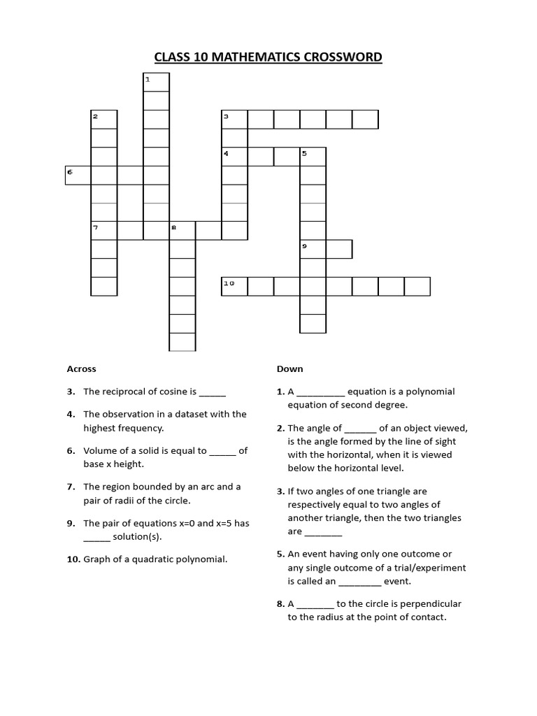Class10 Mathematics Crossword | PDF