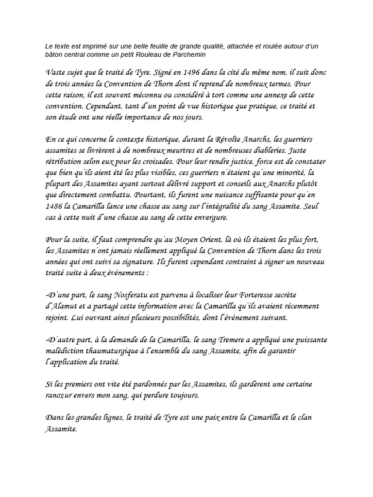 Traité de Tyre : Paix Assamites-Camarilla | PDF