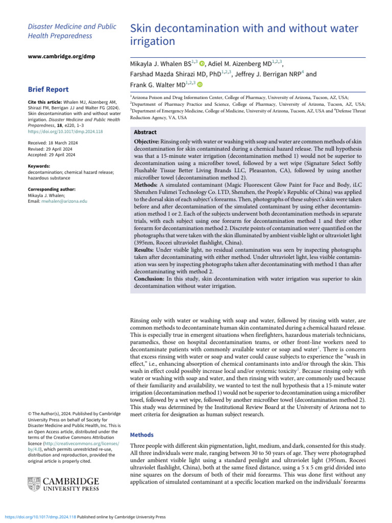 Skin Decontamination With and Without Water Irrigation | PDF ...