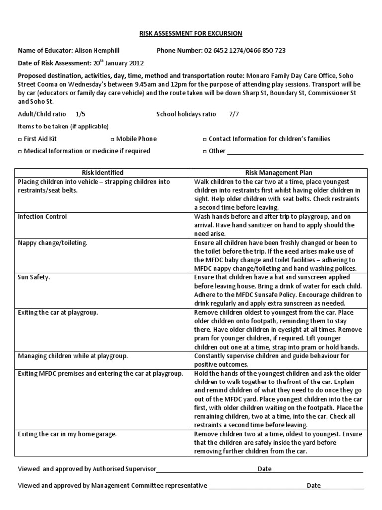 Risk Assessment For Excursion To Playgroup | PDF | Seat Belt | Safety