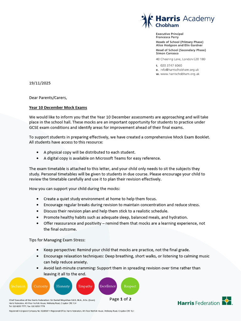 Y10 Mock Exam Letter 19 11 2025 | PDF