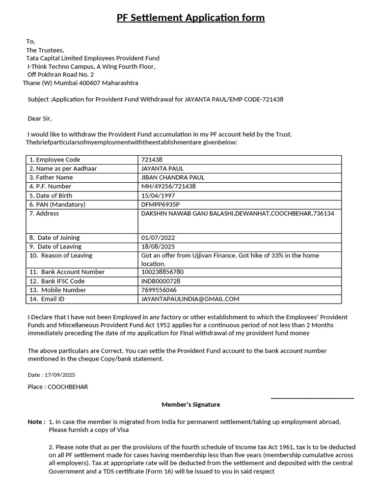 PF Settlement - Application Form - Sample | PDF | Taxes