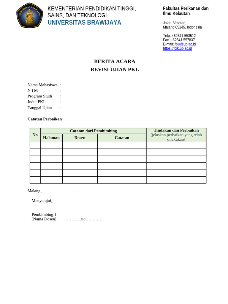Berita Acara Revisi Ujian PKL FPIK UB | PDF