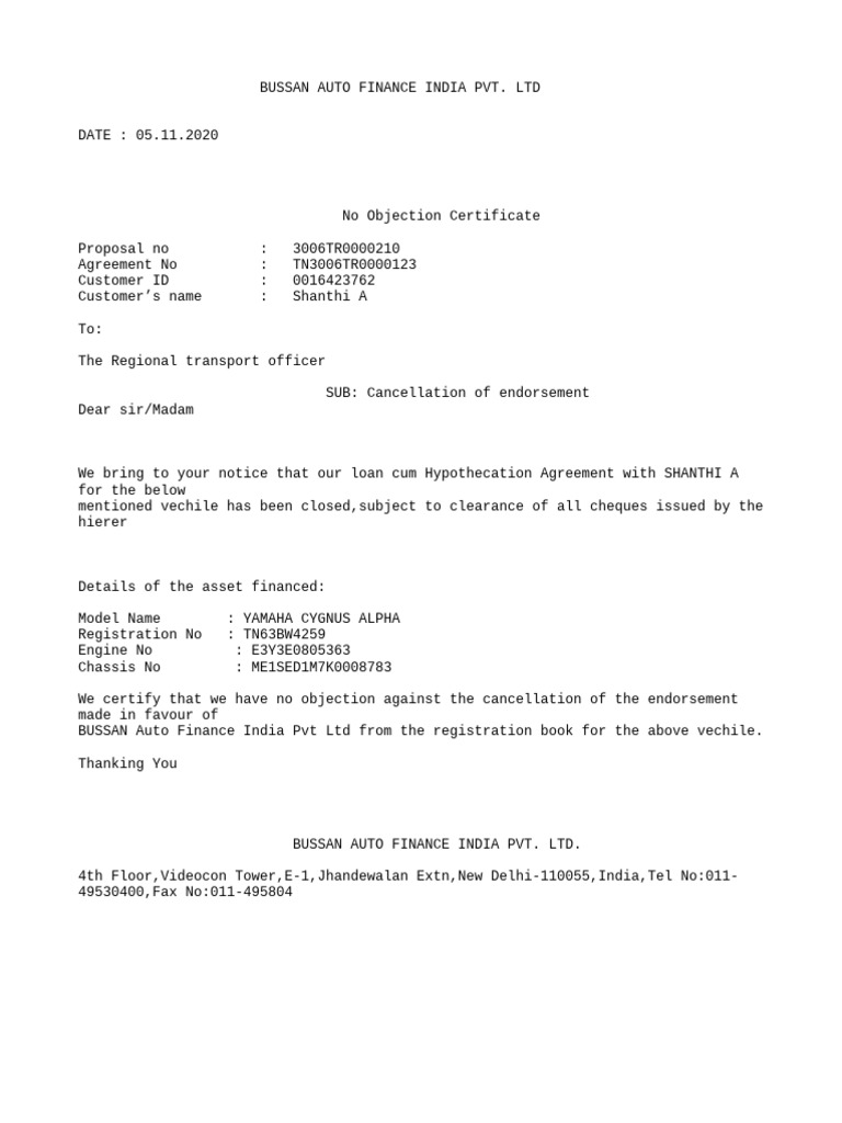 Bussan Auto Finance India PVT Noc 4 | PDF | Civil Law (Common Law ...
