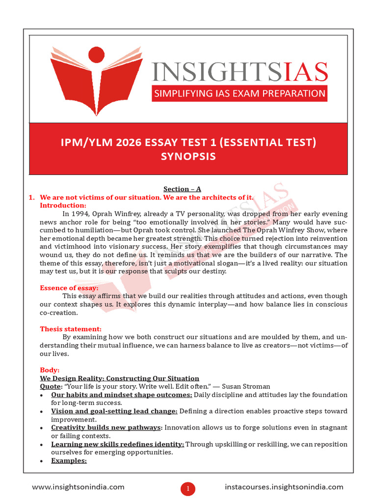 IPM Test Series 2026 Essay Test 1 (Essential Test) Synopsis | PDF ...