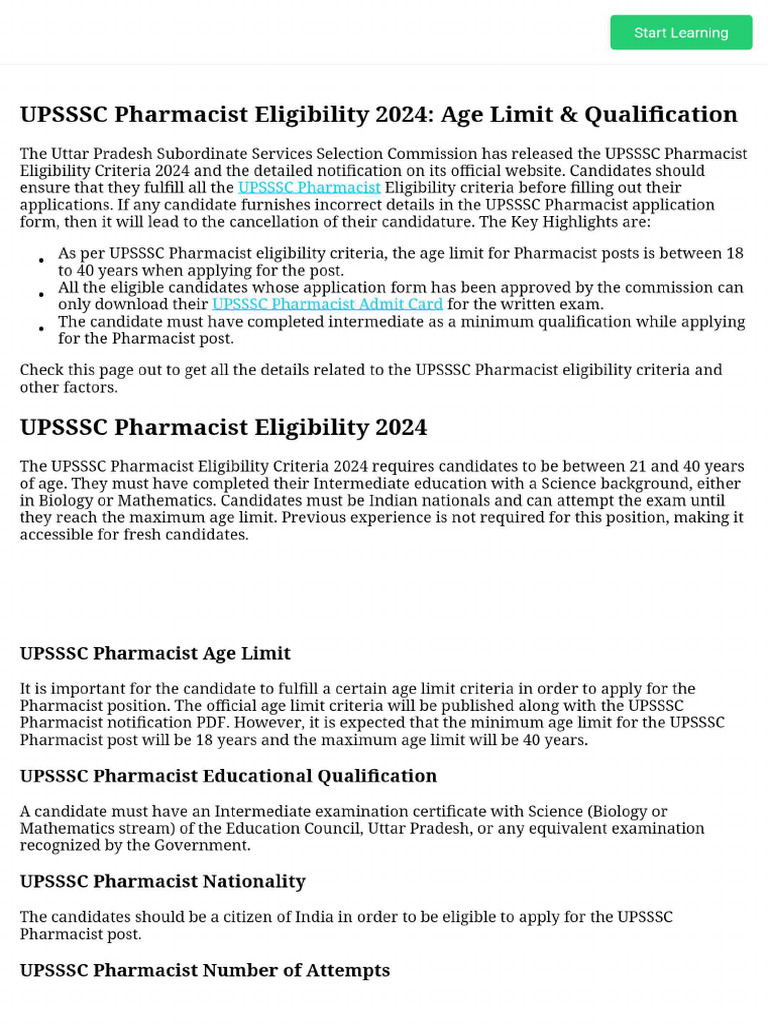 UPSSSC Pharmacist Eligibility 2024 - Age Limit & Qualification | PDF