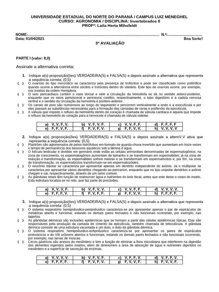 3ª Ava Invertebrados II 01-04-2021 | PDF | Insetos | Epitélio