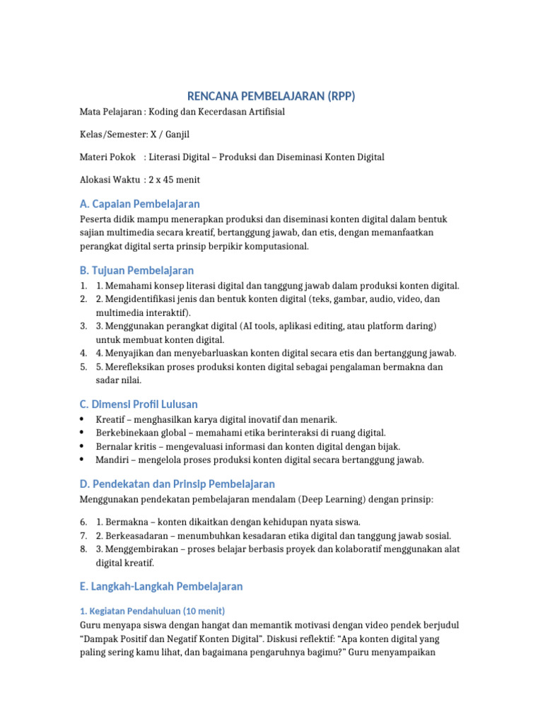 RPP Literasi Digital Koding Dan AI | PDF