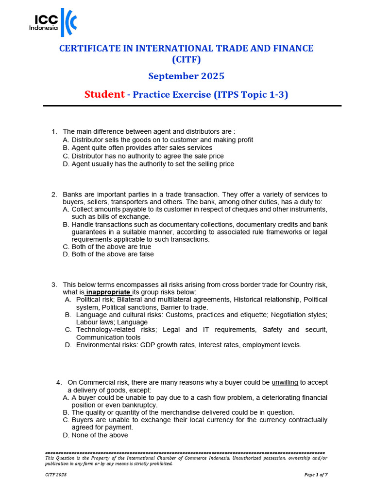 CITF 2025 International Trade Practice Questions | PDF | Exports | Commerce