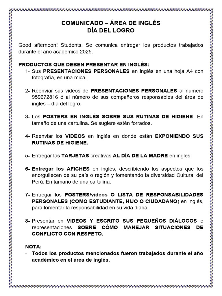 Comunicado Área de Inglés-Día Del Logro | PDF