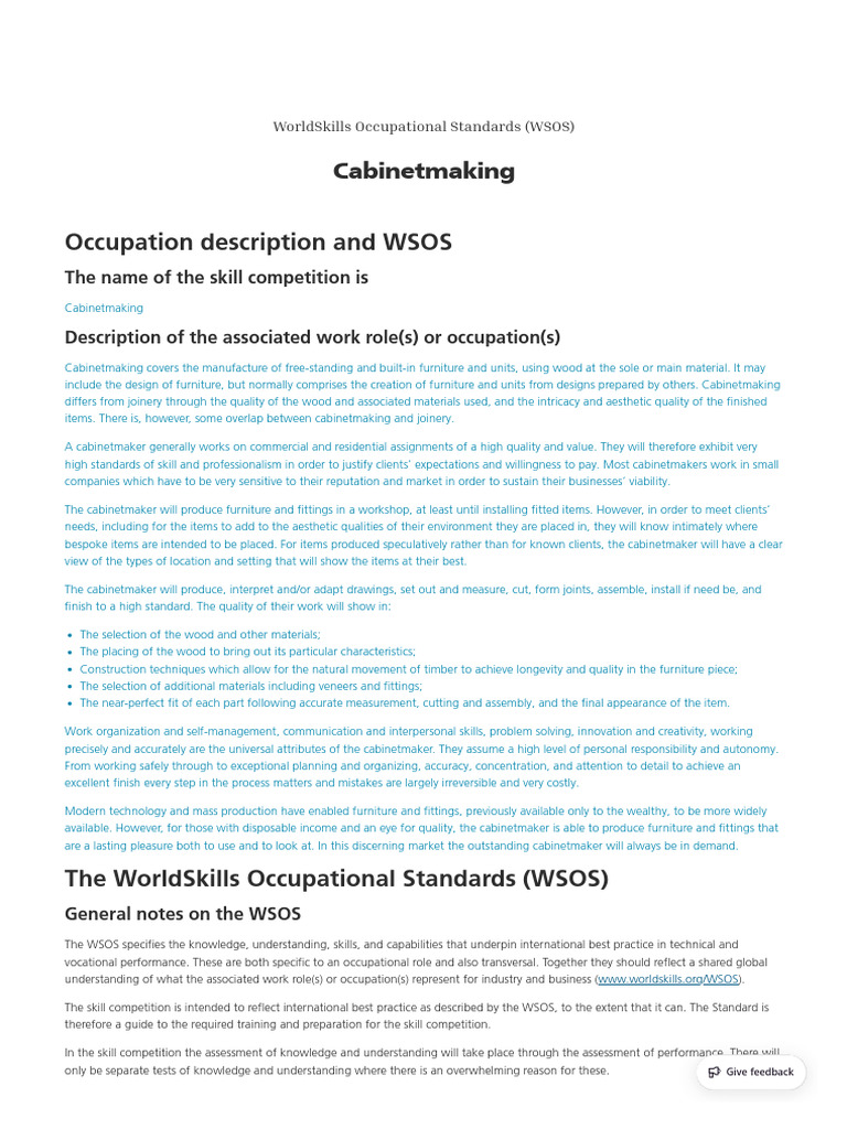 WorldSkills Occupational Standards - Cabinetmaking | PDF | Drawing ...