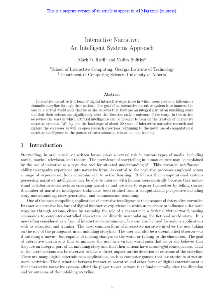 Interactive Narrative-An Intelligent Systems Approach | PDF | Narrative ...