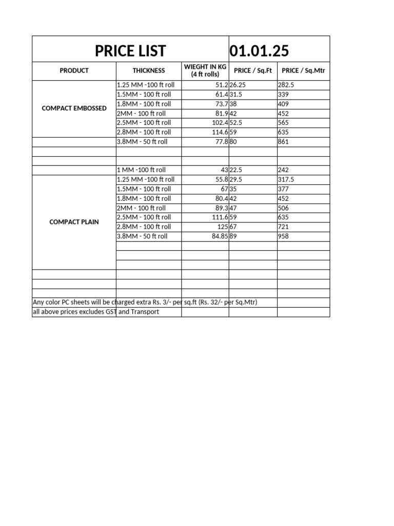 Price List - Emboosed and Plain Clear | PDF