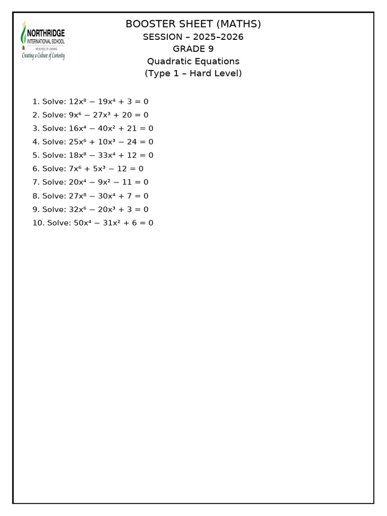 Grade 9 Quadratic Equations Booster | PDF