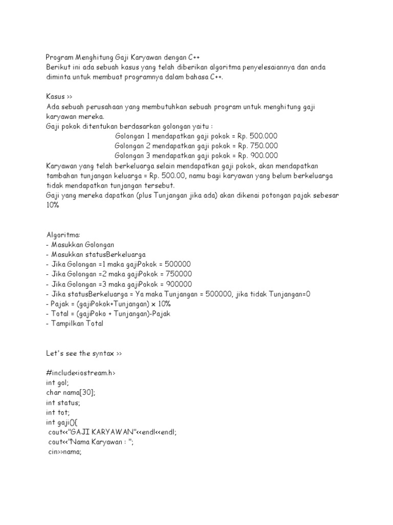 Program Menghitung Gaji Karyawan Dengan C | PDF