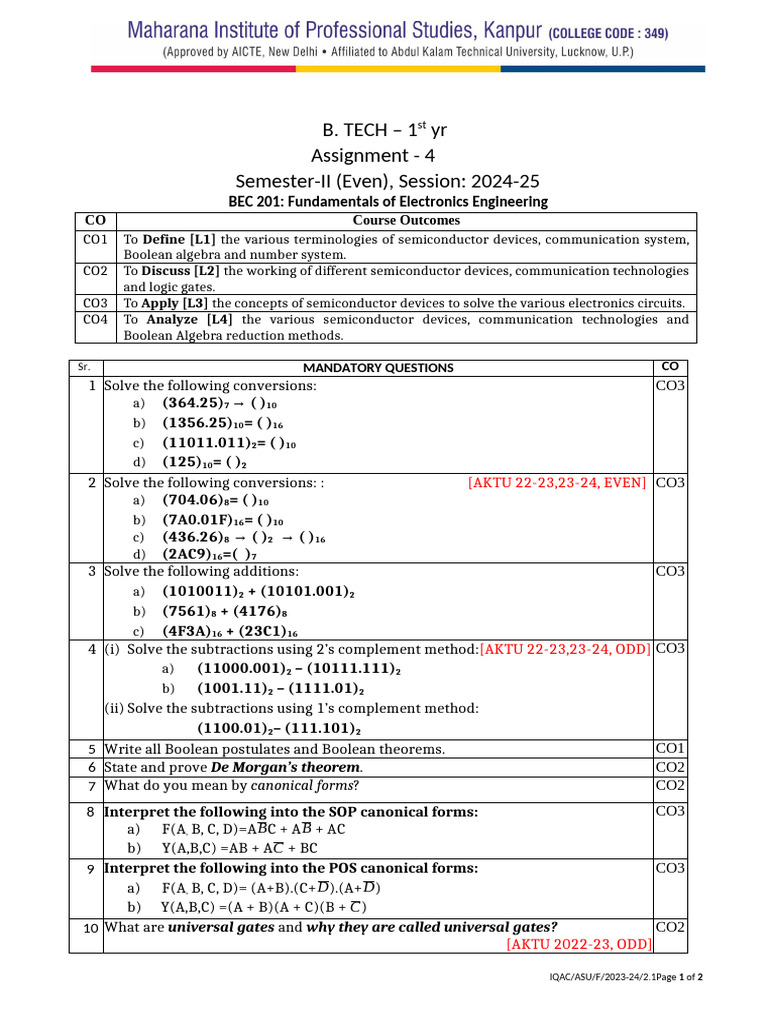 BEC 101 A4_U4 | PDF | Logic | Boolean Algebra