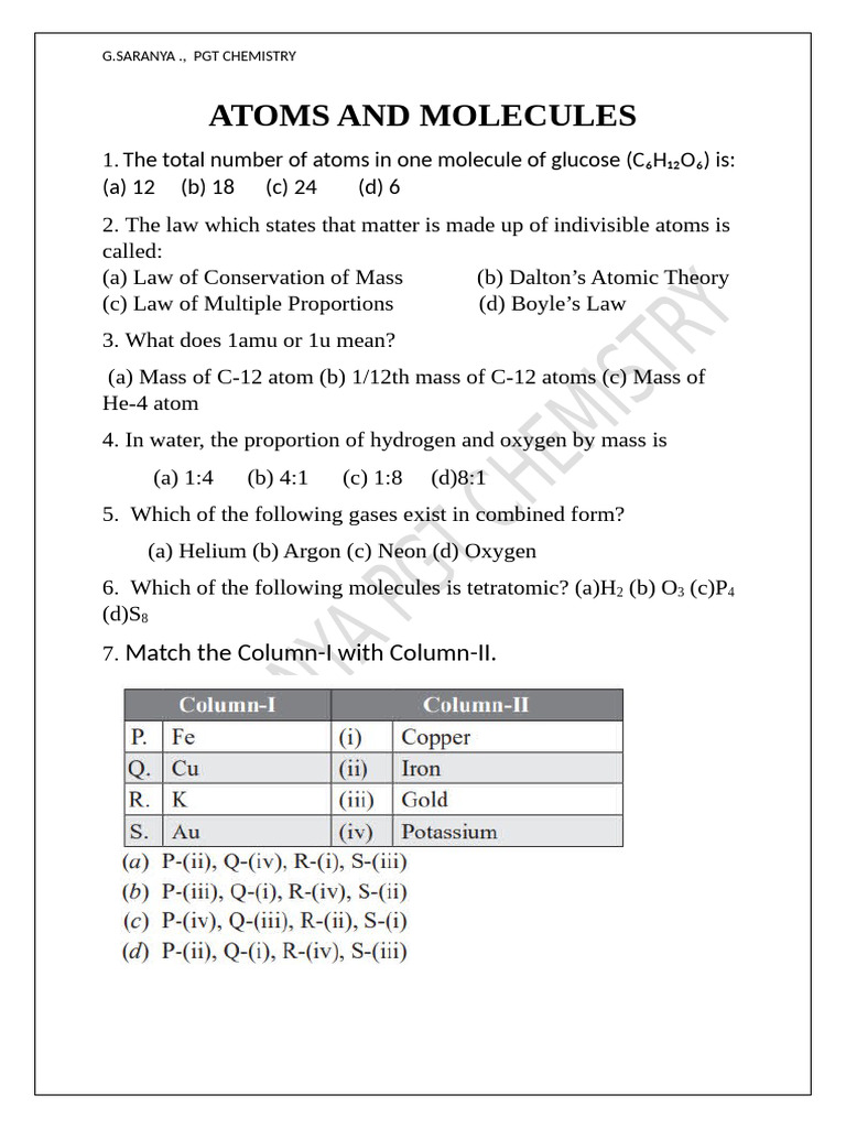 Atoms and Molecules Quiz Questions | PDF