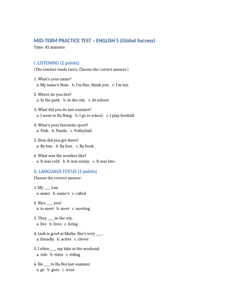 English 5 Mid-Term Practice Test | PDF | Chess | Chess Theory