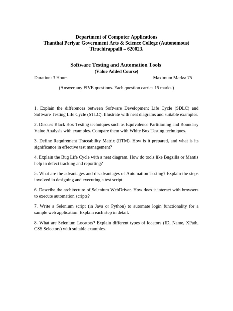 Software Testing and Automation Tools Exam QP | PDF