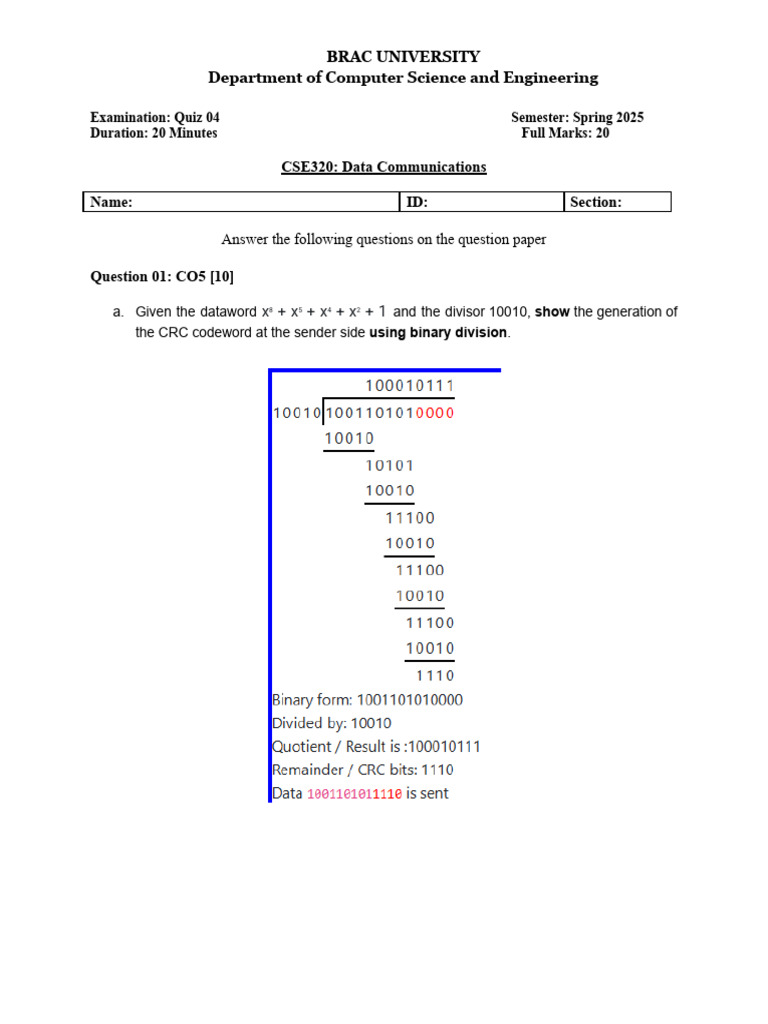 CSE320 Quiz 4 Spring 2025 (B) | PDF