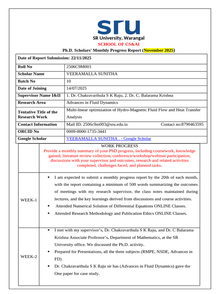 PhD Scholar(v Sunitha) Monthly Report_Template_November, 2025 | PDF | Doctor Of Philosophy
