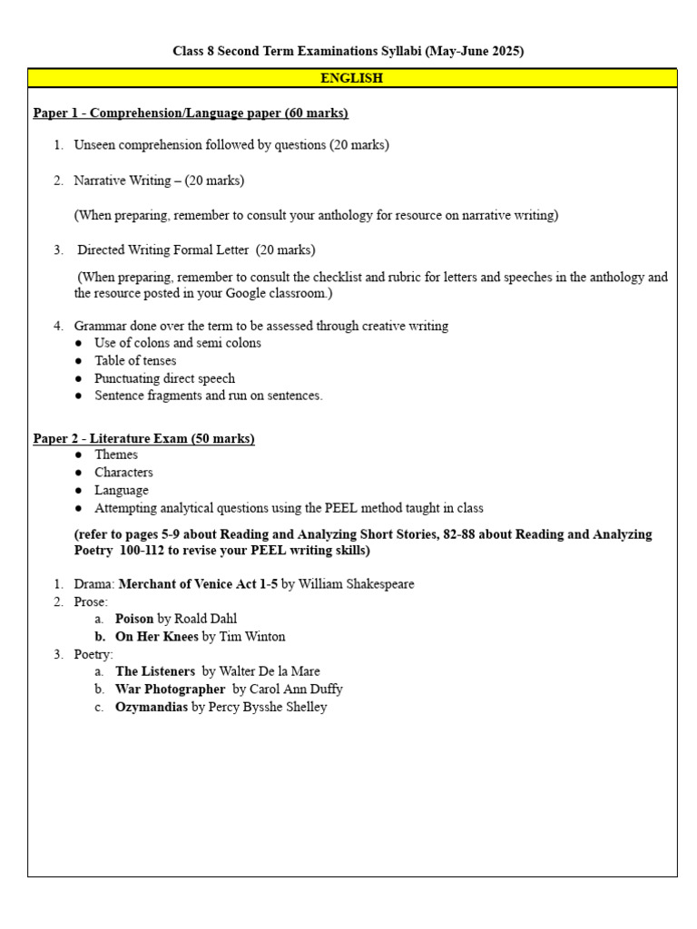 Class 8 Second Term Examinations Syllabi May-June 2025 | PDF | Percentage | Equations