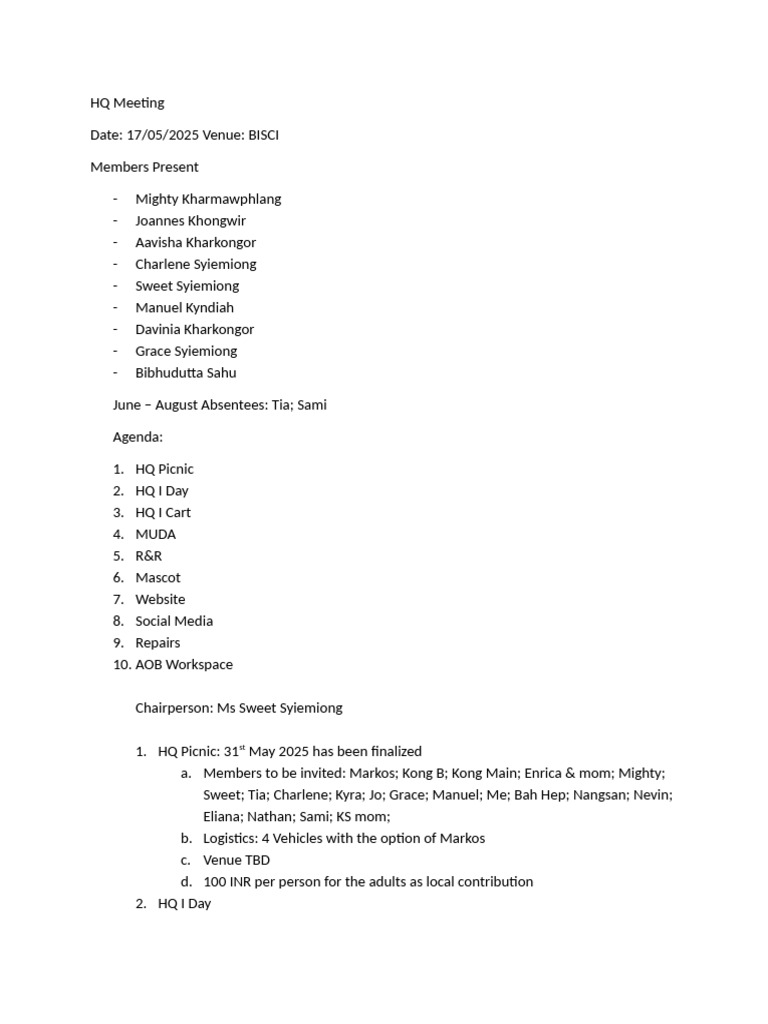 HQ Meeting Minutes 17052025 | PDF | Chess Openings | Chess