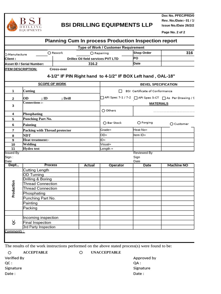 Production Inspection Report for Drilling Equipment | PDF | Business ...