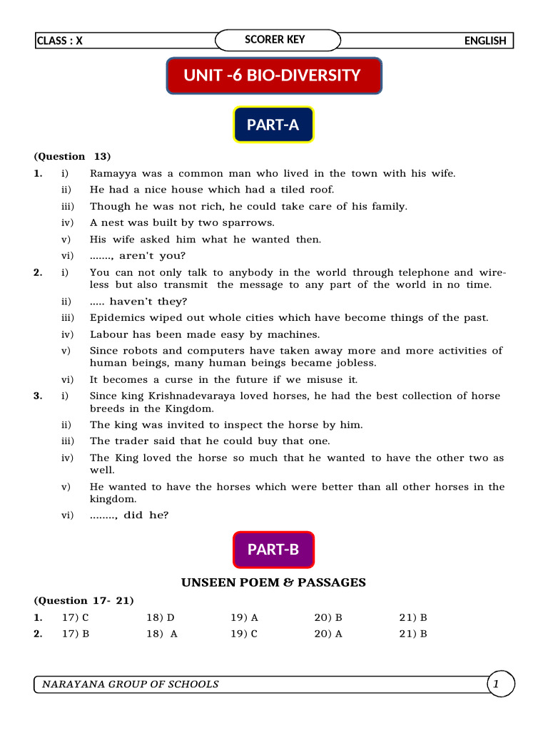 Class X English Scorer Key Guide | PDF | Zoology
