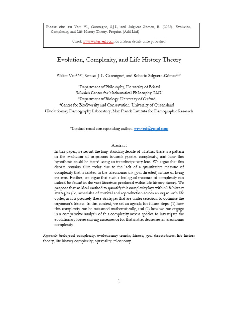 Evolution, Complexity, and Life History Theory Preprint | PDF ...