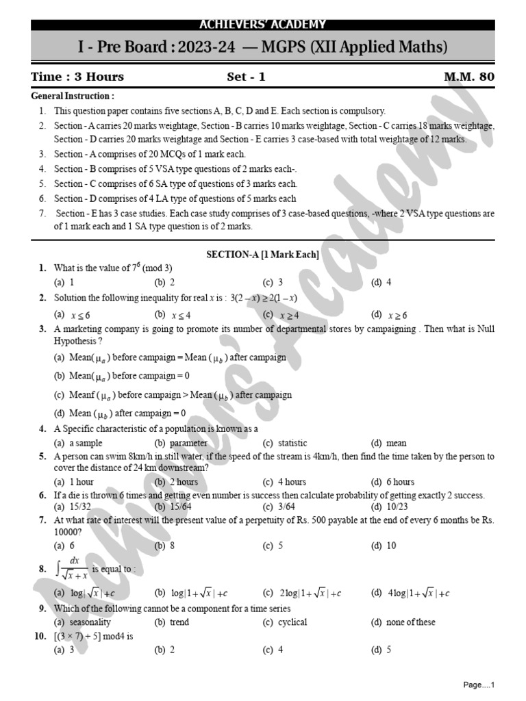 MGPS 1st Pre Board 2023-24 (XII-Applied Maths) | PDF | Rain | Interest