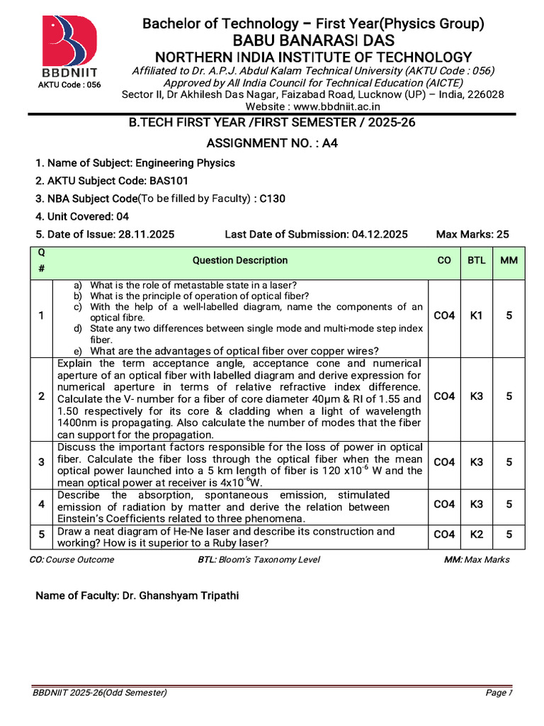 B.Tech Engineering Physics Assignment 2025-26 | PDF | Optical Fiber ...