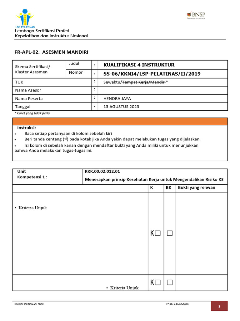 02. Fr.apl-02-2020 - Asesmen Mandiri - Kkni 4 | PDF