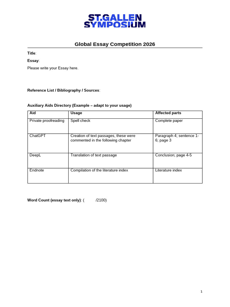Global Essay Competition Template 2026 | PDF