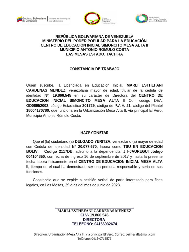 Constancia Mesa Alta II | PDF | Venezuela | Educación de la primera infancia