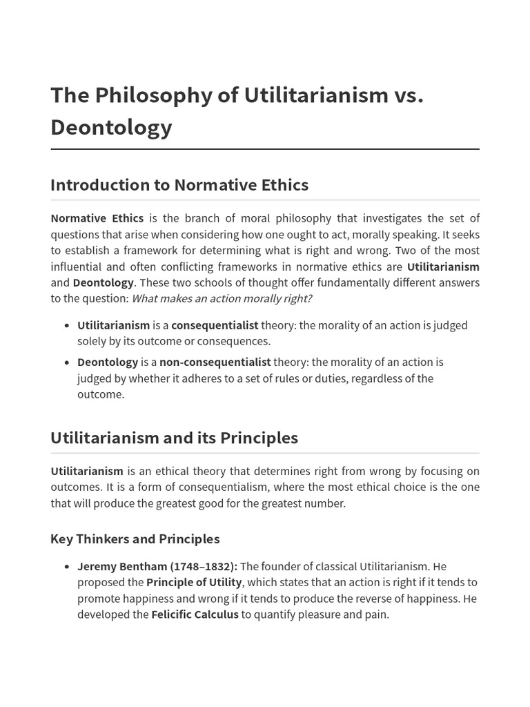 Utilitarianism vs. Deontology Explained | PDF | Utilitarianism ...