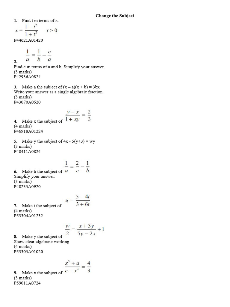 Algebraic Subject Change Problems | PDF