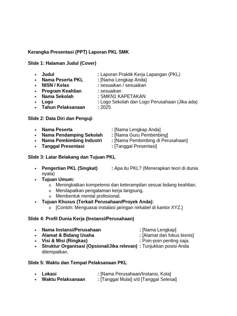 Kerangka Presentasi Pkl 2025 Smkn1 Kapetakan | PDF