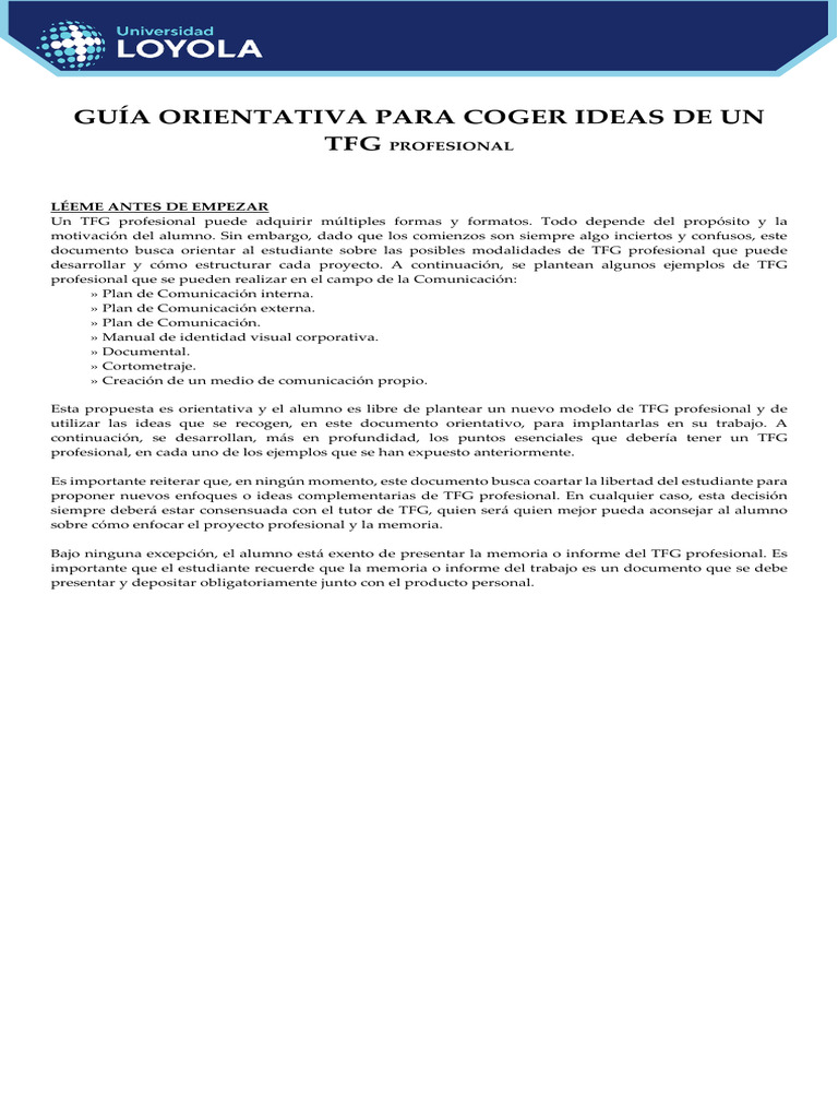 Guía orientativa para coger ideas_ TFG profesional | PDF | Análisis FODA | Marketing