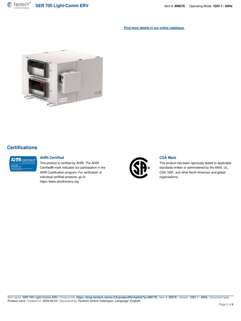 Fantech SER 700 Light-Comm ERV | PDF | Mains Electricity | Electric Power
