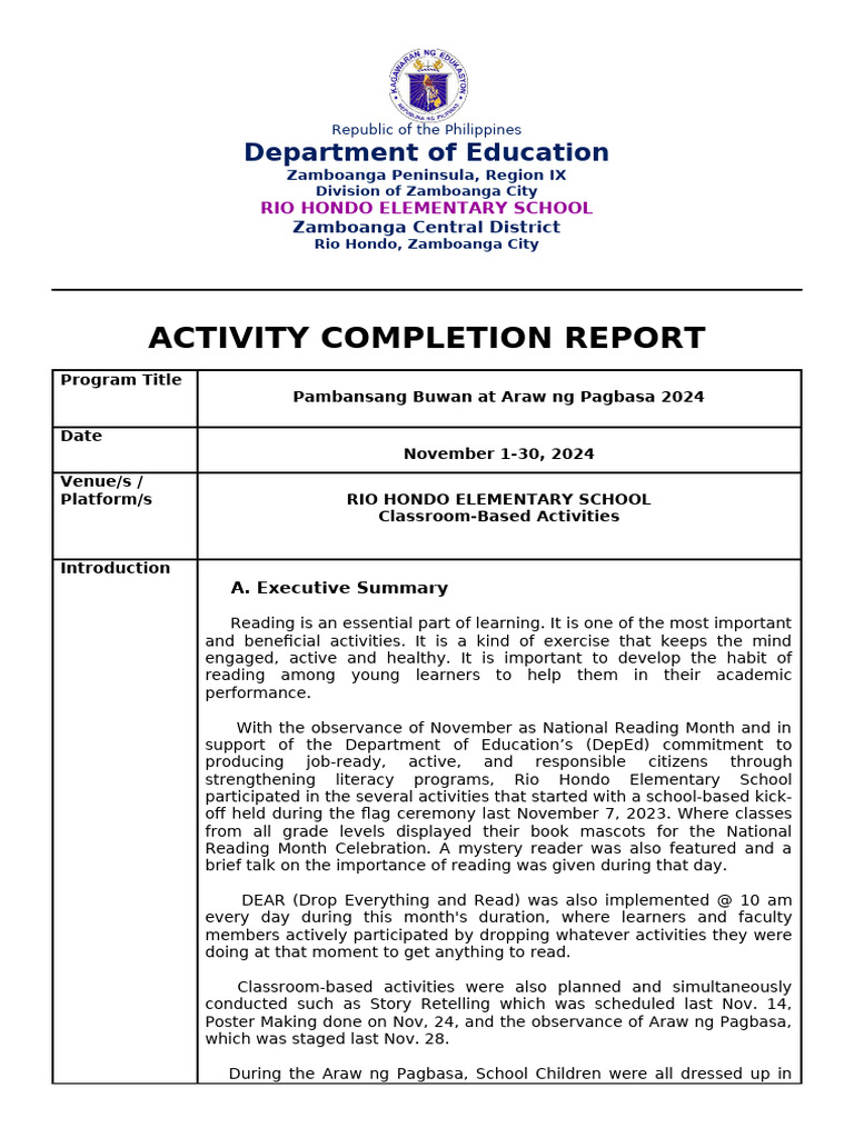 Rio Hondo Elementary Reading Month Report | PDF | Pedagogy | Human ...