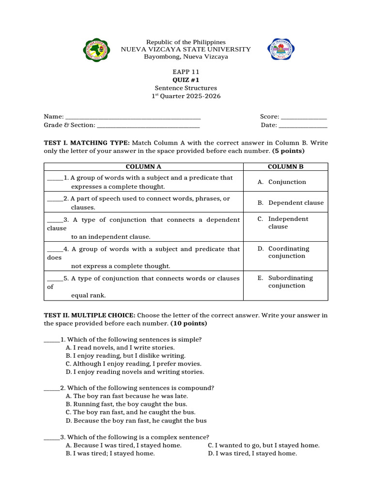 Sentence Structure Test (Asl) | PDF | Syntax | Grammar