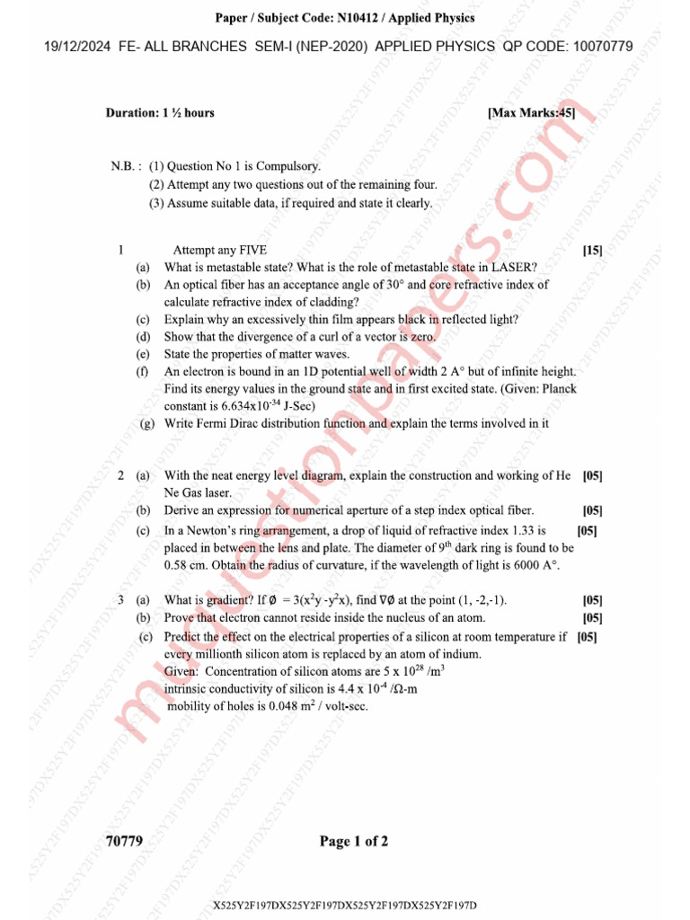 Be First Year Engineering Semester 1 2024 December Applied Physics Nep 2020 Scheme | PDF