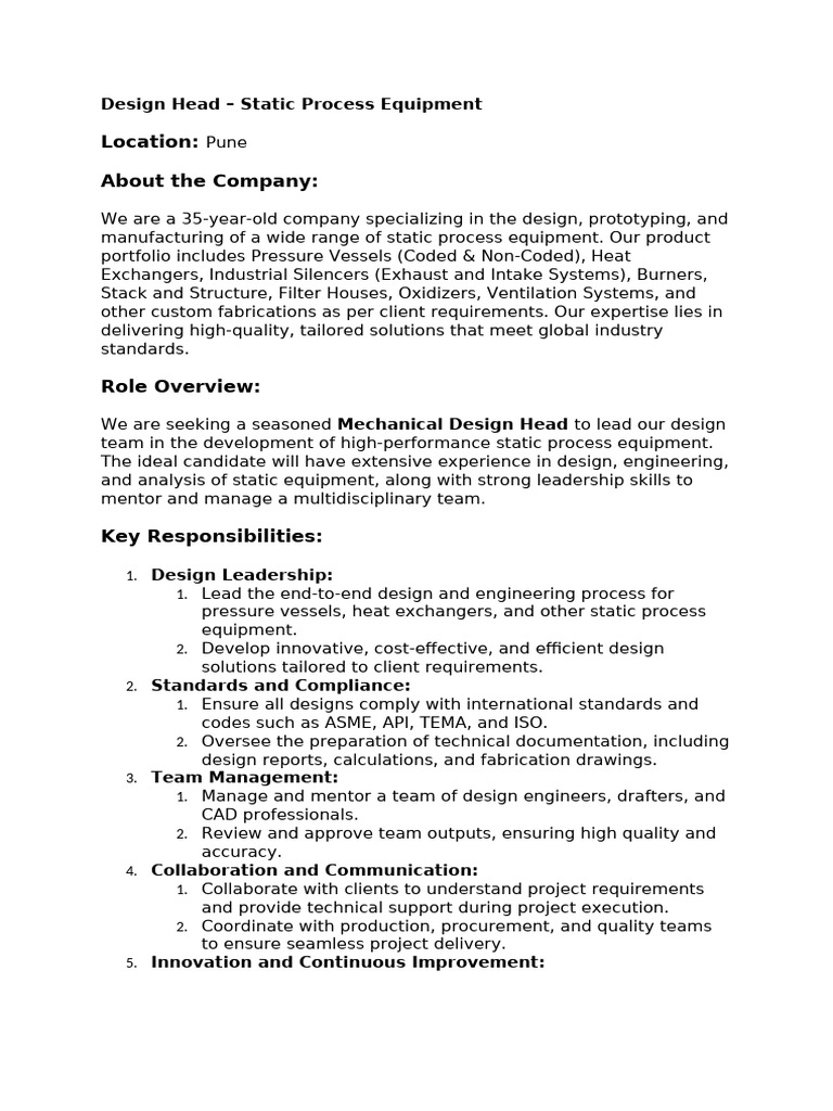 JD - Design Head (1) | PDF | Engineering