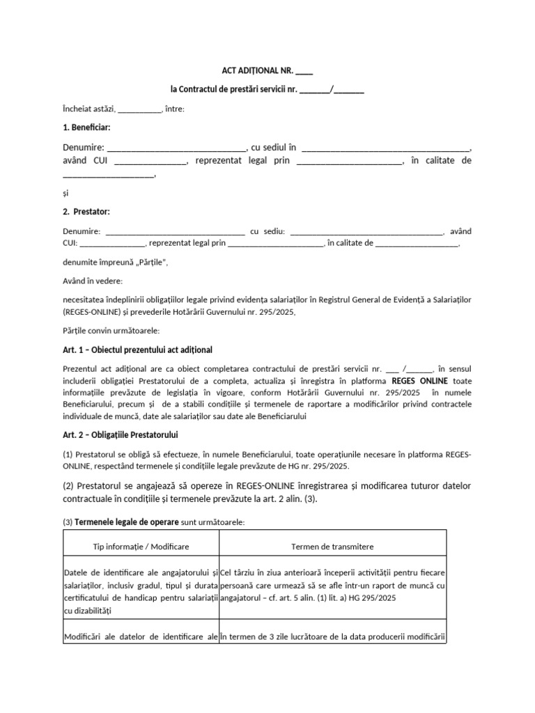 Act Aditional La Contractul de Prestari Servicii REGES ONLINE | PDF