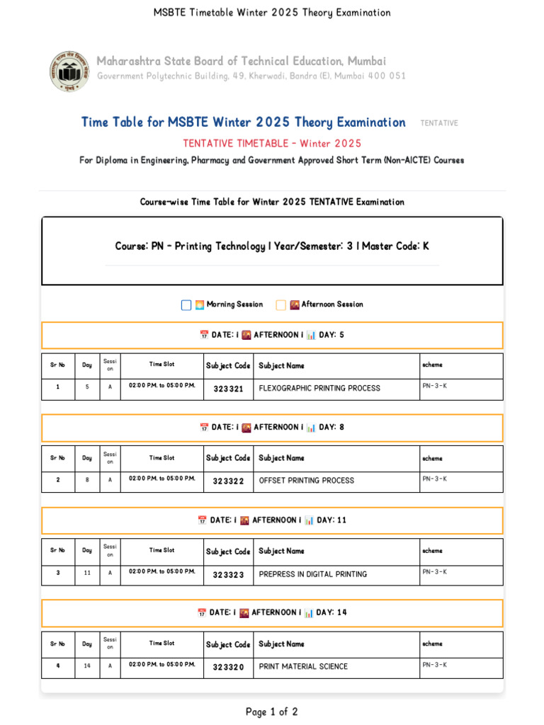 Time Table For Winter 2025 Theory Examination | PDF | Qualifications ...
