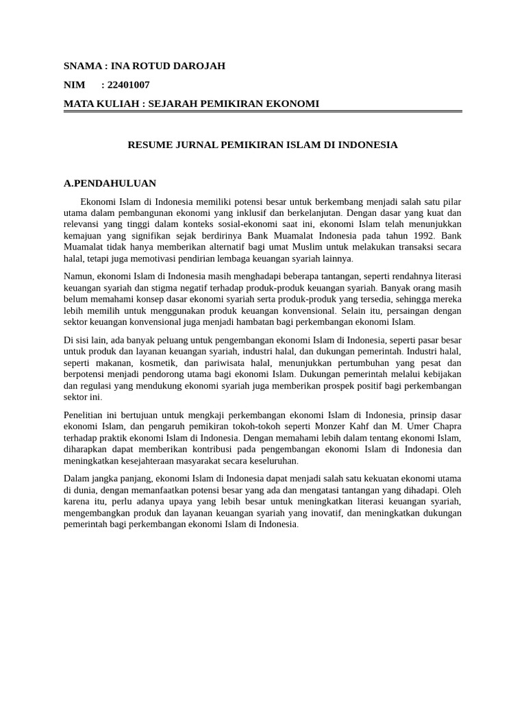 Resum Pemikiran Ekonomi Islam Ina Rotud | PDF